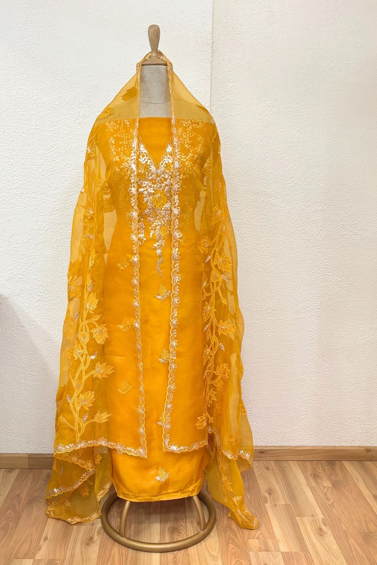 UNSTITCHED MUSTARD APPLIQUE ORGANZA SUIT – SHARANYA KOLKATA