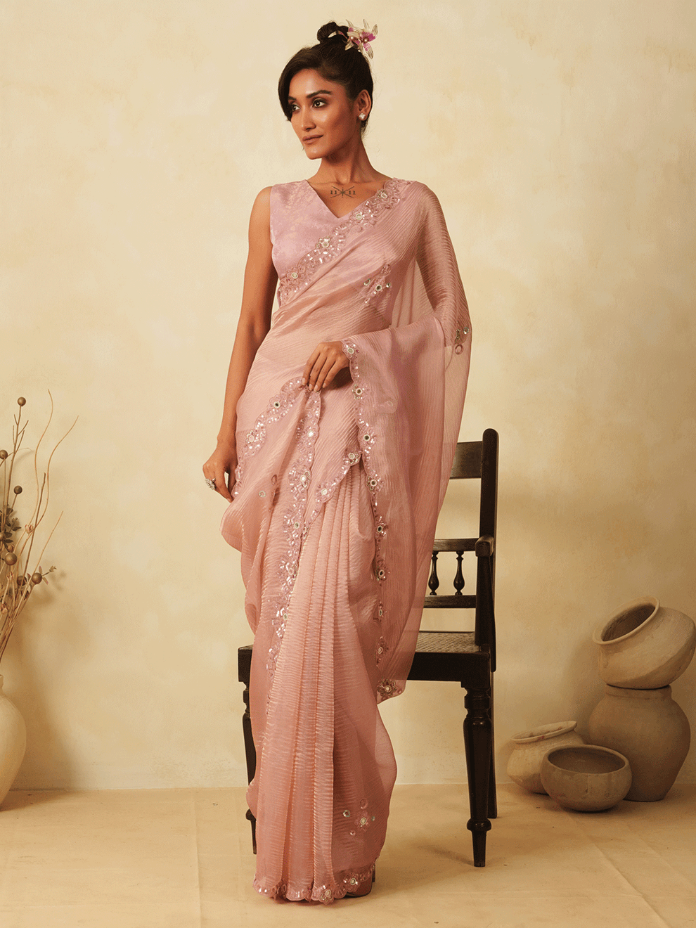 Sequins Detailed Pink Tissue Saree with Mirrow Work – SHARANYA KOLKATA