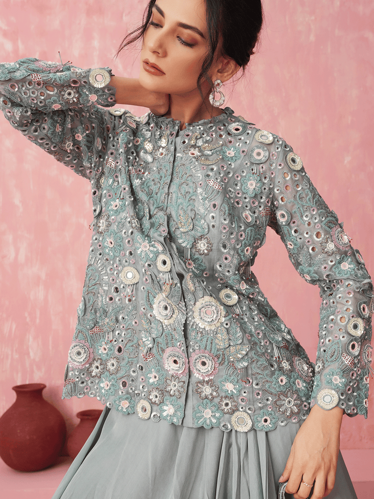 Powder blue crape drape skirt and jacket – SHARANYA KOLKATA